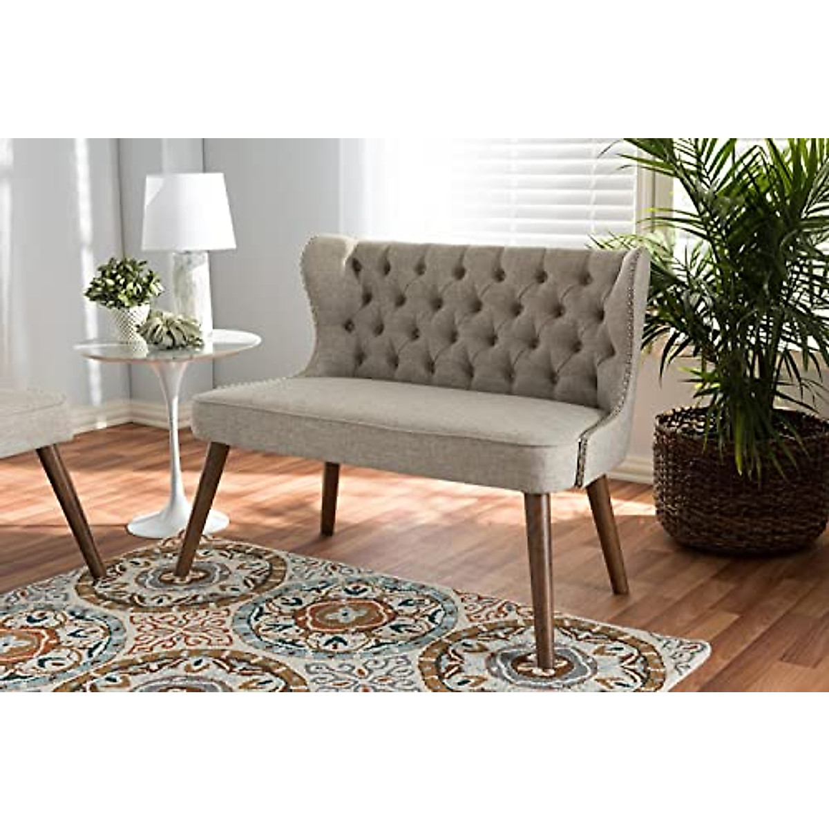 Baxton Studio Scarlett Mid-Century Modern Brown Wood and Light Beige Fabric Upholstered Button-Tufting with Nail Heads Trim 2-Seater Loveseat Settee