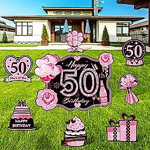50th Birthday Yard Sign Decorations Supplies for Women, Black Pink Happy 50 Birthday Lawn Sign with Stakes 50 Year Old Birthday Yard Decor Fifty Birthday Outdoor Lawn Decorations for Women