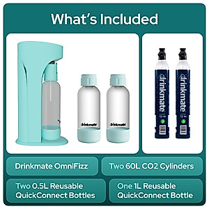 Drinkmate OmniFizz Sparkling Water and Soda Maker, Carbonates Any Drink, PARTY PACK - Includes two 60L CO2 Cylinders, three Carbonation Bottles, and two Fizz Infusers (Arctic Blue)