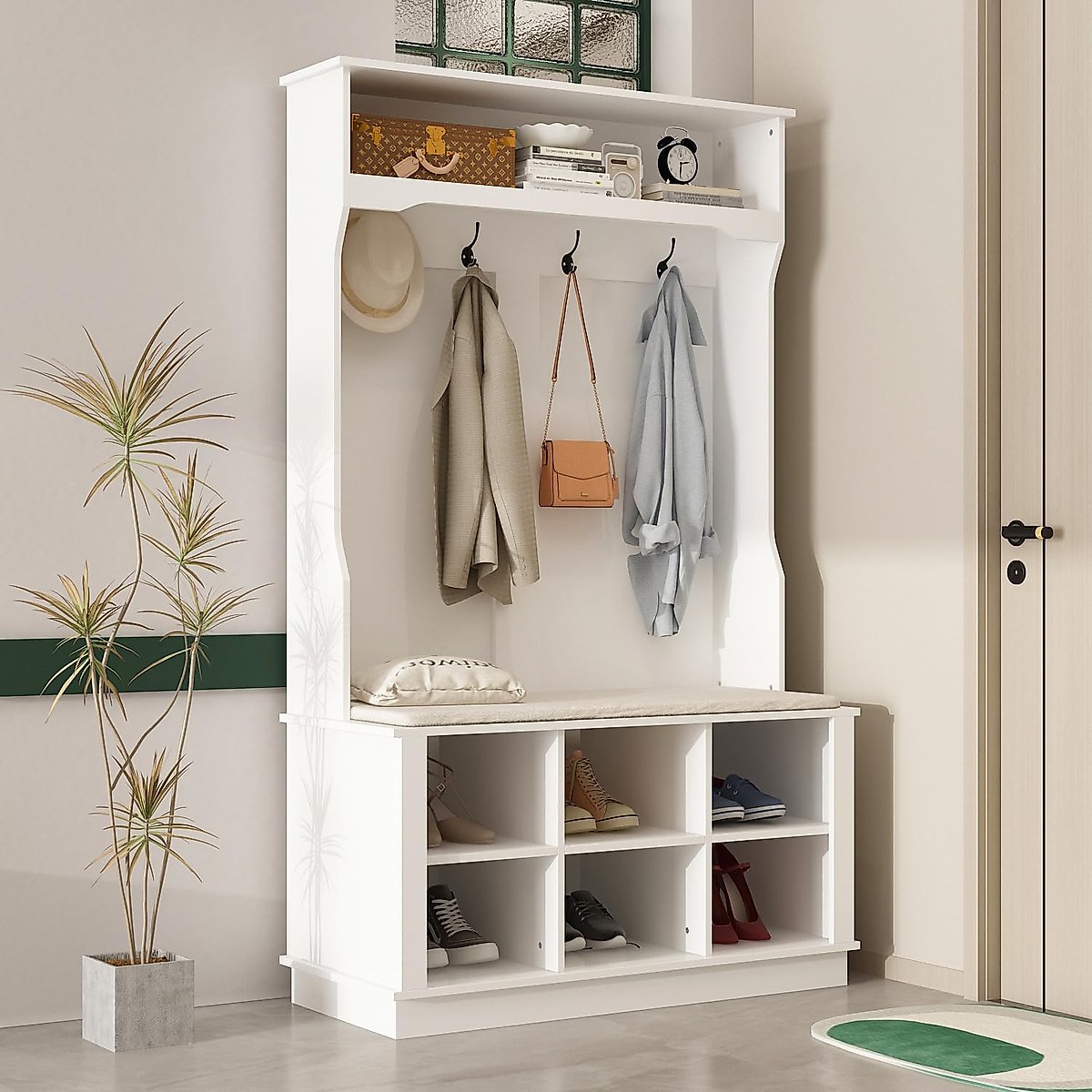 AIEGLE Entryway Hall Tree with Shoe Bench, 3-in-1 Hallway Hall Tree with Coat Rack, 6 Shoe Storage Cubes and 4 Hanging Hooks, White (39.8" L x 17.3" W x 67.1" H)