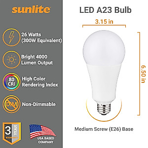 Sunlite 82109 LED A23 Light Bulb, 26 Watts (300w Equivalent), High Output, 4000 Lumens, Medium E26 Base, 120-227 Multi-Volt, Non-Dimmable, UL Listed, 4000K Cool White