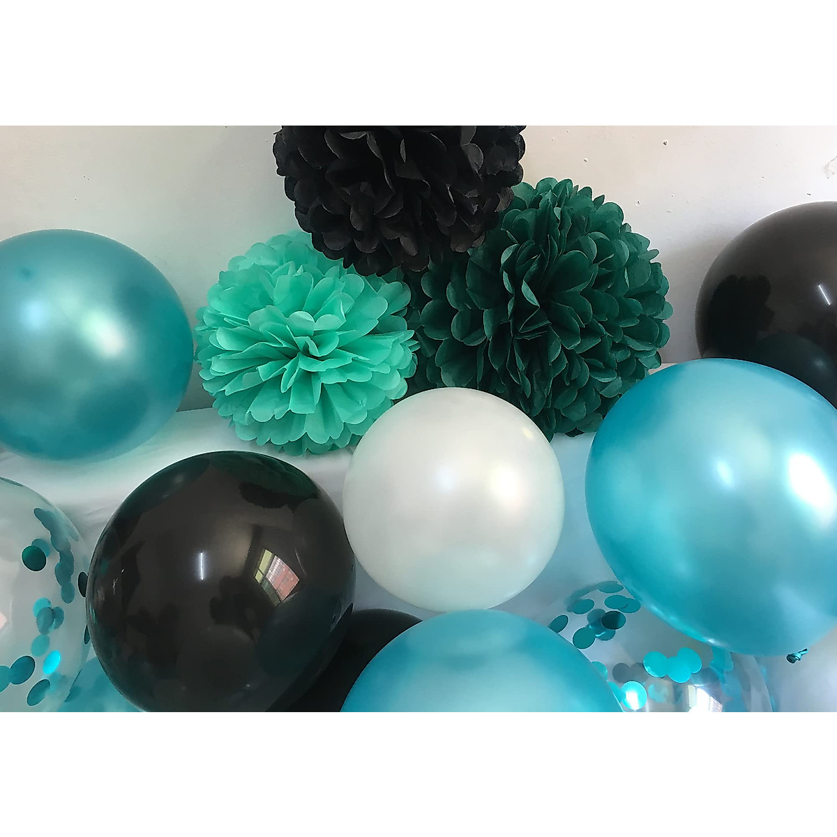 Blue Birthday Decorations for Women- Black Teal Turquoise White Birthday Balloons with Happy Banner Pom Poms Decor(Turquoise Green)