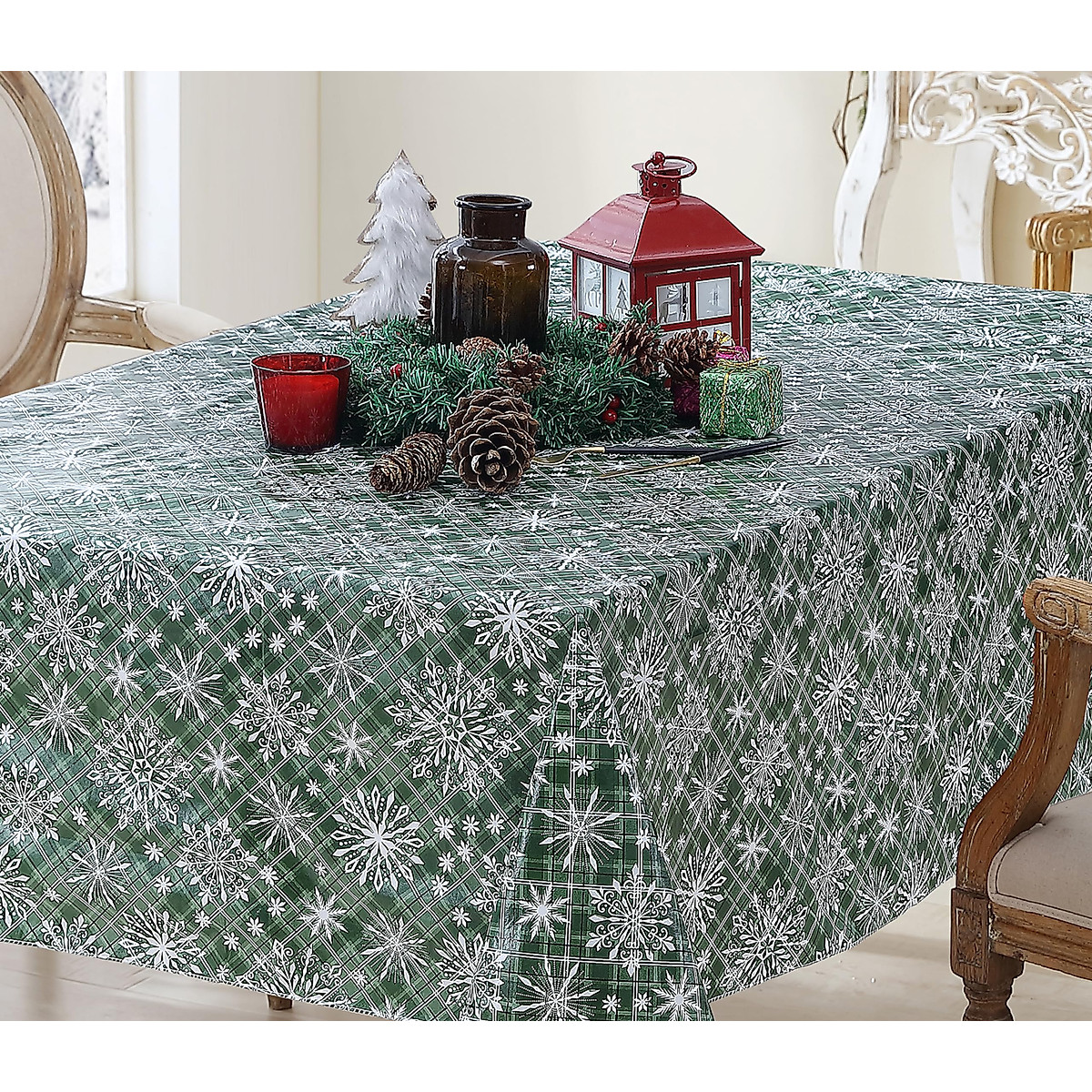Newbridge Snowfall Snowflake Plaid Christmas Print Vinyl Flannel Backed Tablecloth Contemporary Snowflake Design Easy Care Wipe Clean Xmas Tablecloth, 60 Inch x 102 Inch Oblong/Rectangle, Green