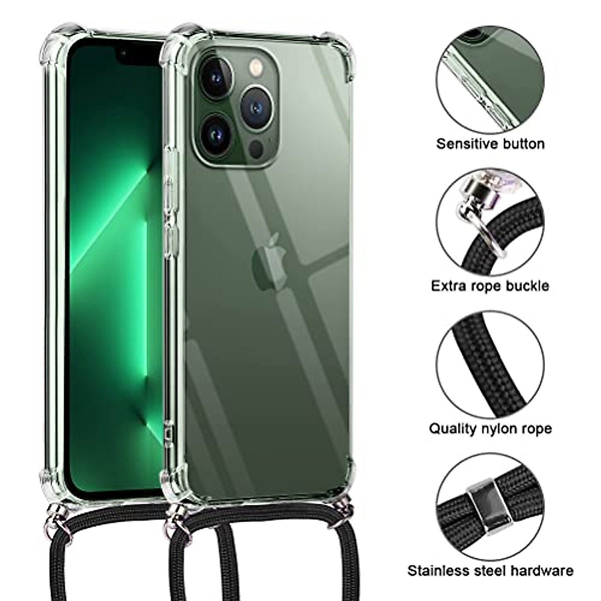 Vauki Crossbody Case for iPhone 13 Pro Clear Silicone Phone Case for iPhone 13Pro 6.1" with Lanyard Neck Cord Strap, Soft TPU Shockproof Protective Transparent Cover Case - Black Necklace