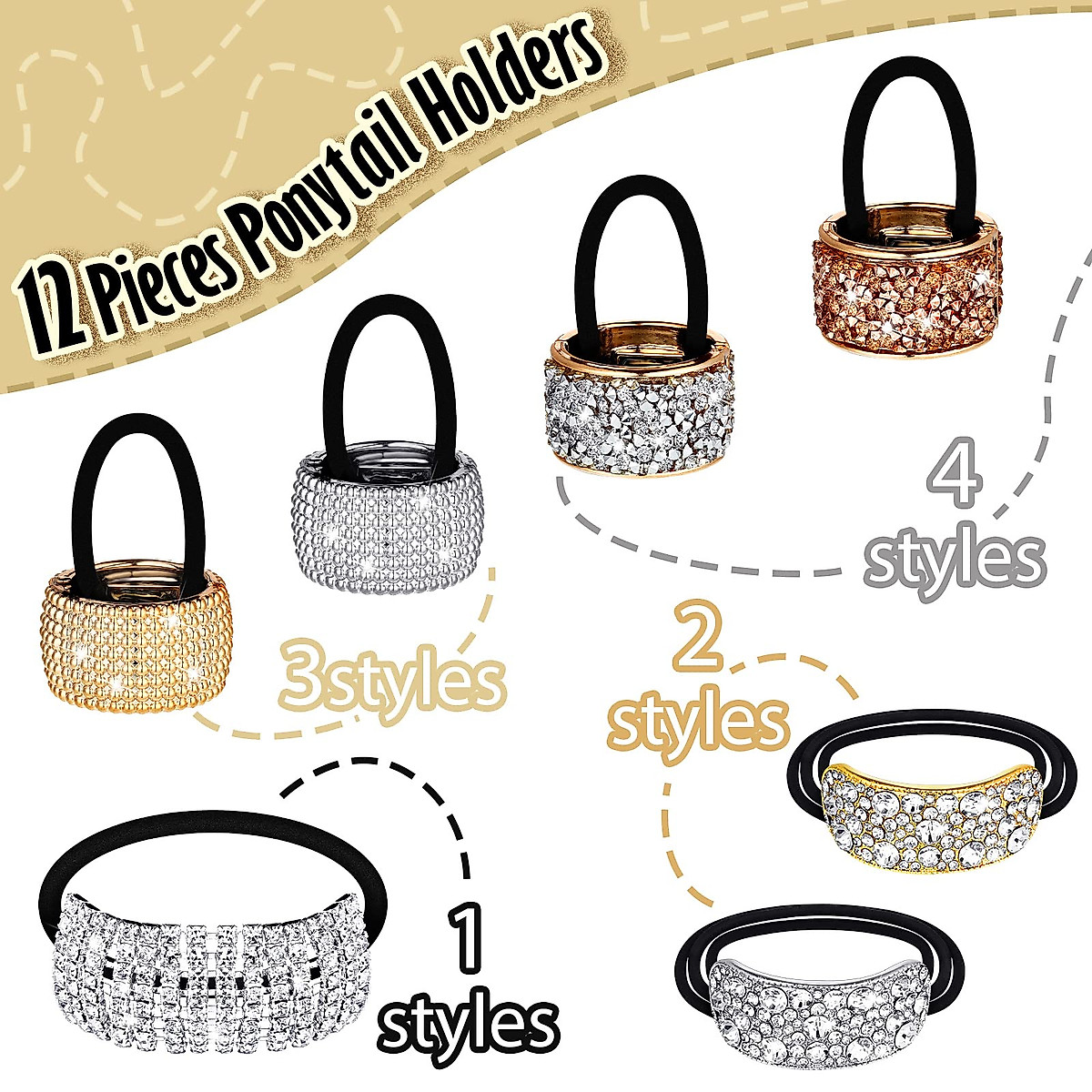 12 Pcs Glitter Elastic Ponytail Holders - Crystal Hair Accessories for Women Girls Ladies, Mixed Colors