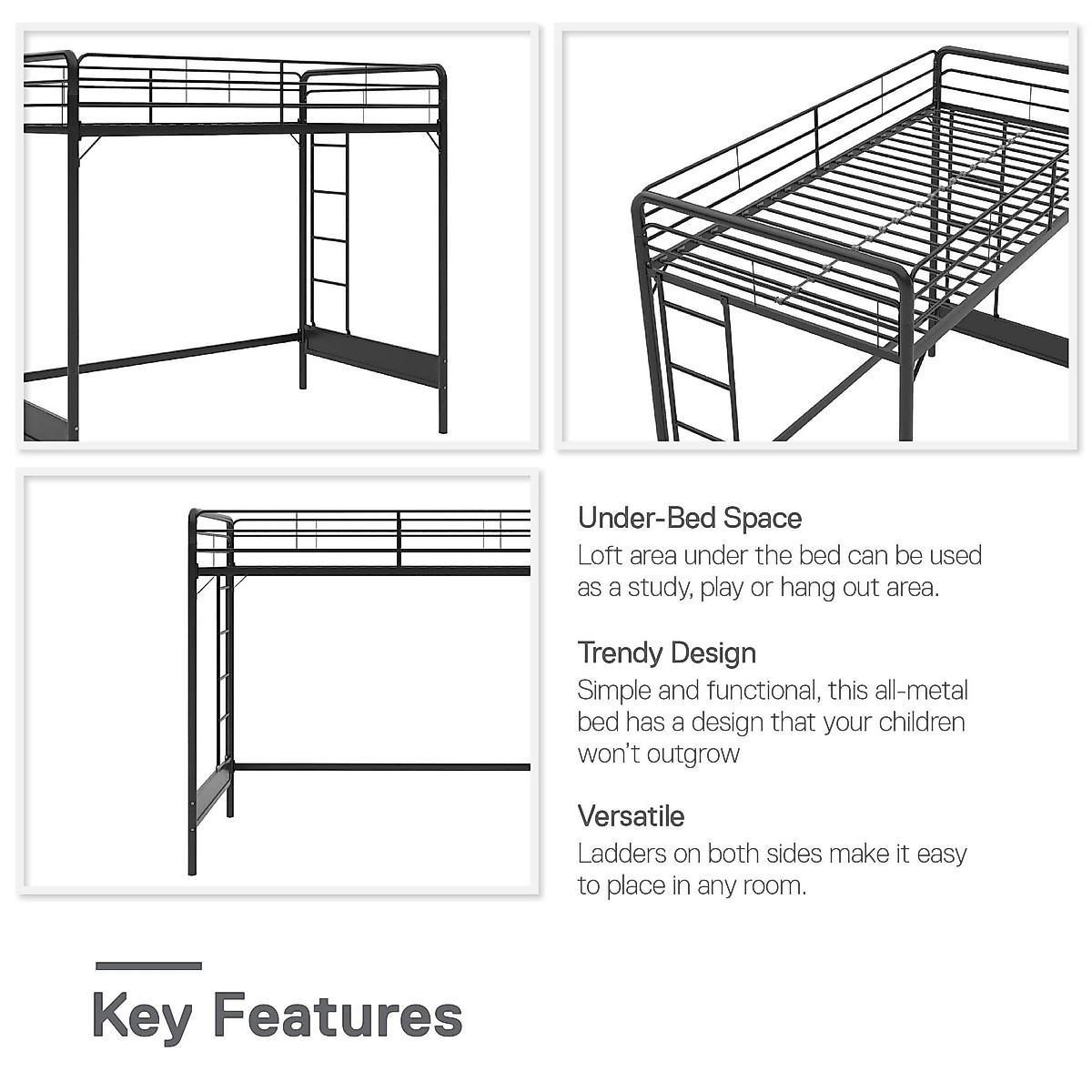 REALROOMS Colten Kid's Metal Loft Bed, Underbed Desk and Gaming Area, Two-Sided Ladder, Twin, Black
