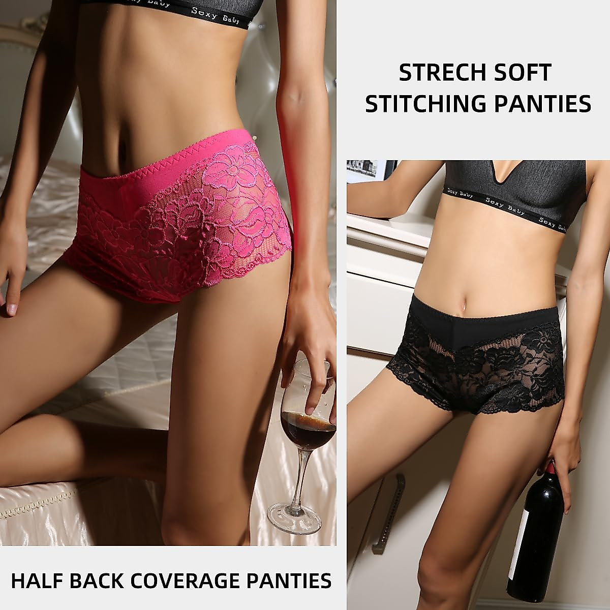 moonlight elves Women's Lace Underwear Plus size Boyshorts Soft Hipster Panties Comfort Sexy Sheer Panty for Ladies – Pack of 6, Size L