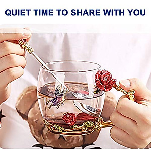 Tea Cup Glass Coffee Mugs (12 oz), Pack of 2 Fancy Tea Cups, Clear Glass Cups with Spoon Set, Mother's Day Gifts, Handmade Butterfly, Rose Flower Enamel Design, Birthday Decoration Wedding Gift Ideas