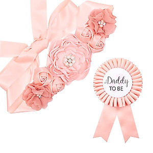 TTCOROCK Blush Peach Maternity Sash & Dad to be Corsage Kit - Baby Shower Sash Baby Boy Pregnancy Sash Keepsake Baby Shower Flower Belly Belt