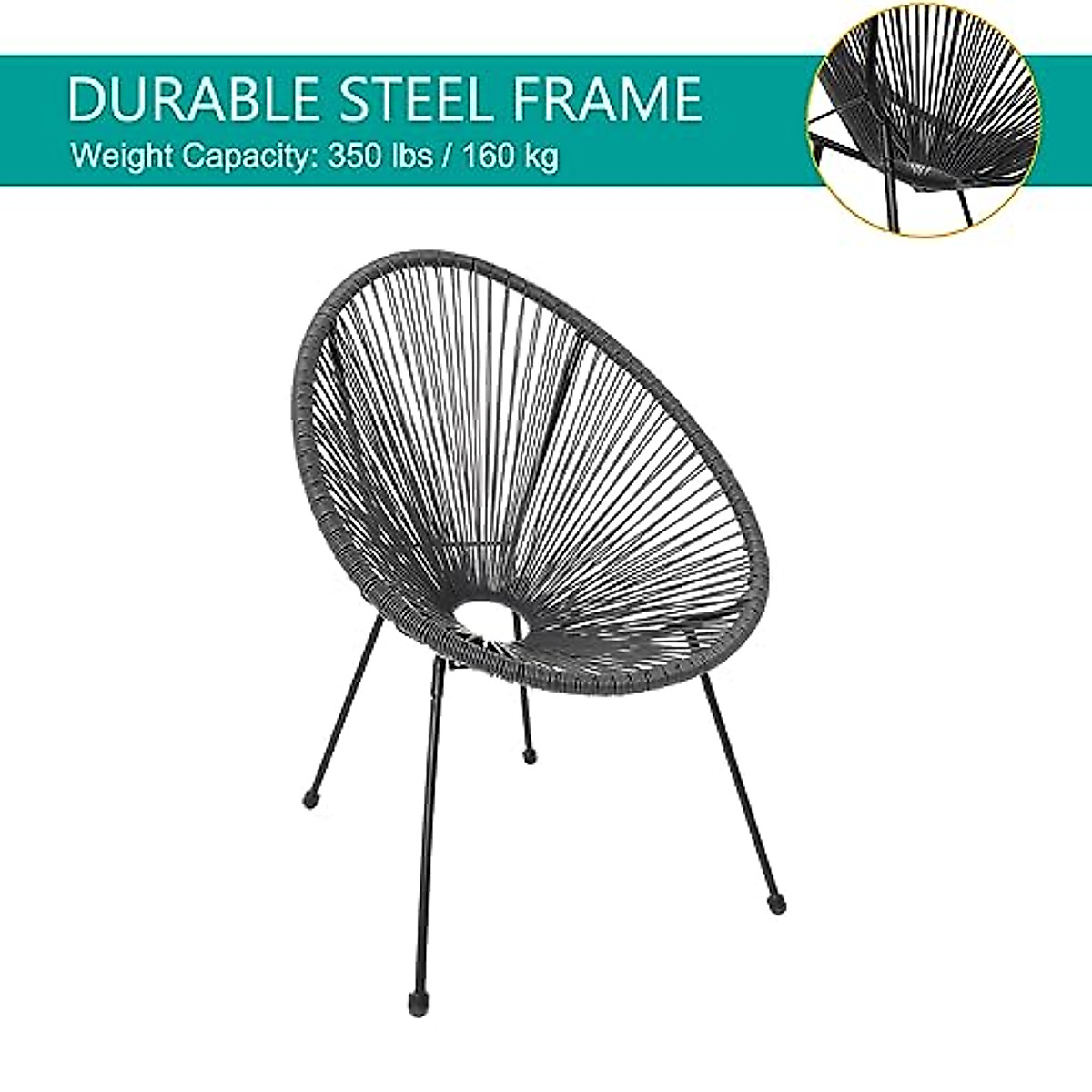 voqoomkl 3-Piece Outdoor Acapulco Chair, All-Weather Weave Lounge Chair,Patio Conversation Bistro Set with Glass Top Table,Balcony Chair Egg Chairs for Porch, Lawn, Balcony, Poolside Seating