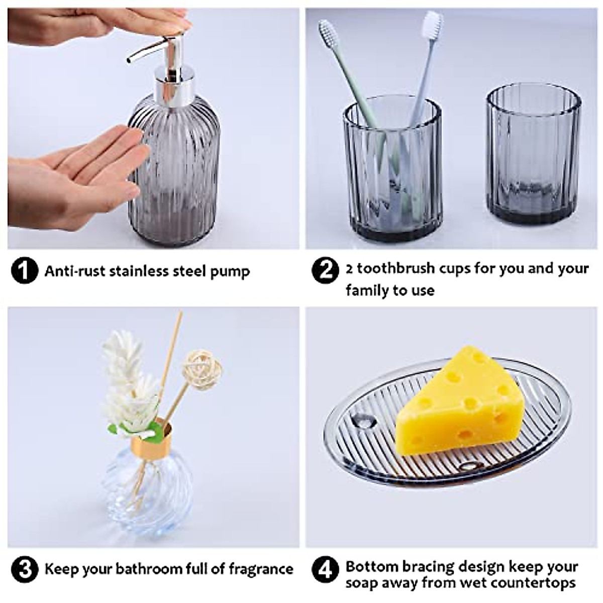 TocTen 5 Pieces Bathroom Accessories Set, Include Lotion Soap Dispenser+ 2 Toothbrush Cup+ Soap Dish+ Essential Oils Diffuser Bottles, Premium Glass Bathroom Vanity Countertop Accessory Set(GREY 16oz)