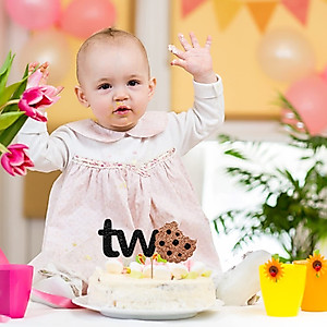 Cookie Two Cake Topper, Happy 2nd Birthday Cake Topper, Brown Giltter Cookie Cake Decor for Baby Shower, Two Years Old Birthday/Anniversary Party Decoration Supplies