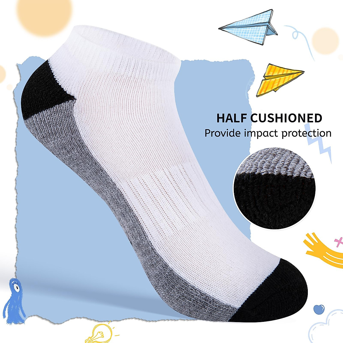 Comfoex Boys Socks 8 Pairs 6-8 4-6 8-10 Years Old Ankle Athletic Low Cut Socks Short Half Cushioned Socks