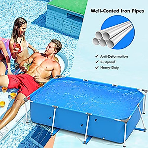 Goplus Frame Swimming Pool, 10ft x 6.7ft x 30in Rectangular Above Ground Pools W/Steel Frame, Pool Cover, Easy Setup & Drainage, Family Pool for Backyard, Garden,Patio, Balcony (Blue)
