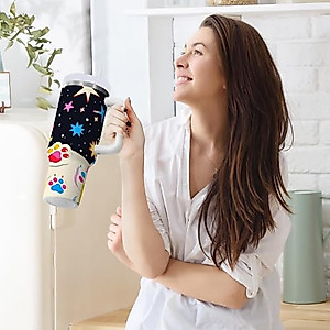 Nexawaveo Animal Paws Stars Stainless Steel Tumbler with Handle and Straw Fits in Standard Cup Holder Iced Coffee Cups for Smoothie Cocktail Beer Soda Fruit Juice