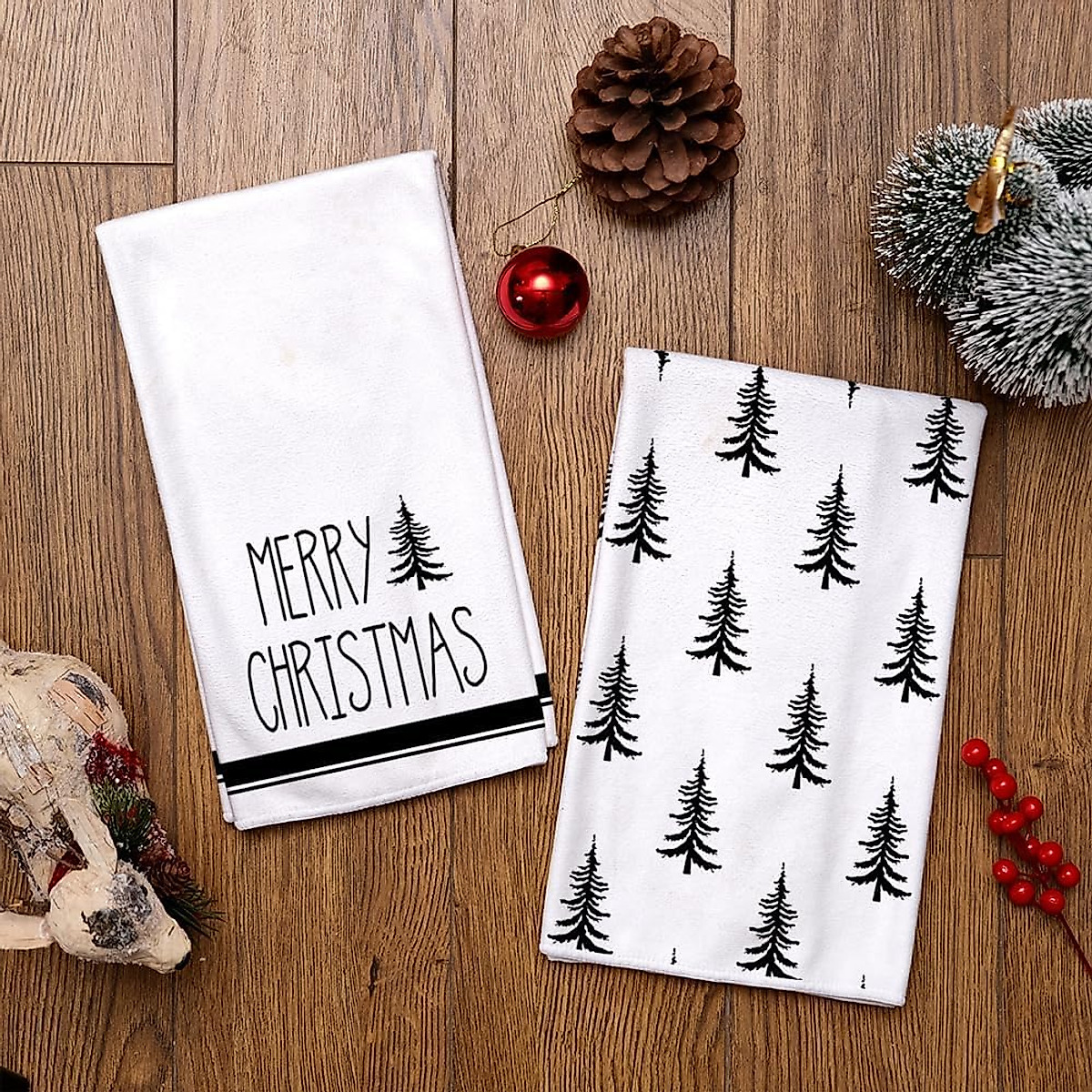 ARKENY Christmas Kitchen Towels Set of 2,Black Xmas Tree Dish Towels 18x26 Inch,Hoilday Farmhouse Home Decoration AD101