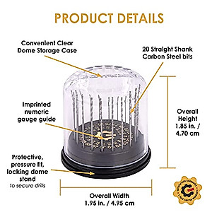 Gyros® Carbon Steel Wire Gauge Mini Twist Drill Bit Set |Includes 20 Micro Carbon Steel Bit Sizes #61 to #80 | with Convenient Clear Dome Storage Case (45-12010)