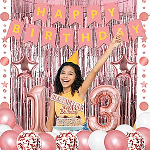 Yawagor 29 Pieces Rose Gold 13th Birthday Decorations for Girls, Happy Birthday Decor Set-13th Birthday Foil Balloons, Sash Fabulous, Cake Topper, Fringe Curtains Backdrop for Indoor Party Supplies