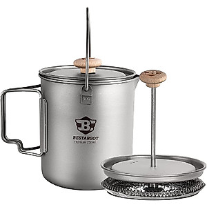 Bestargot Camping Titanium Pot, French Press Coffee Maker, Camp Cooking Pot with Light Wood knob, 750ml Camping Cup for Camping Hiking Backpacking, Capacity 25 Fl Oz