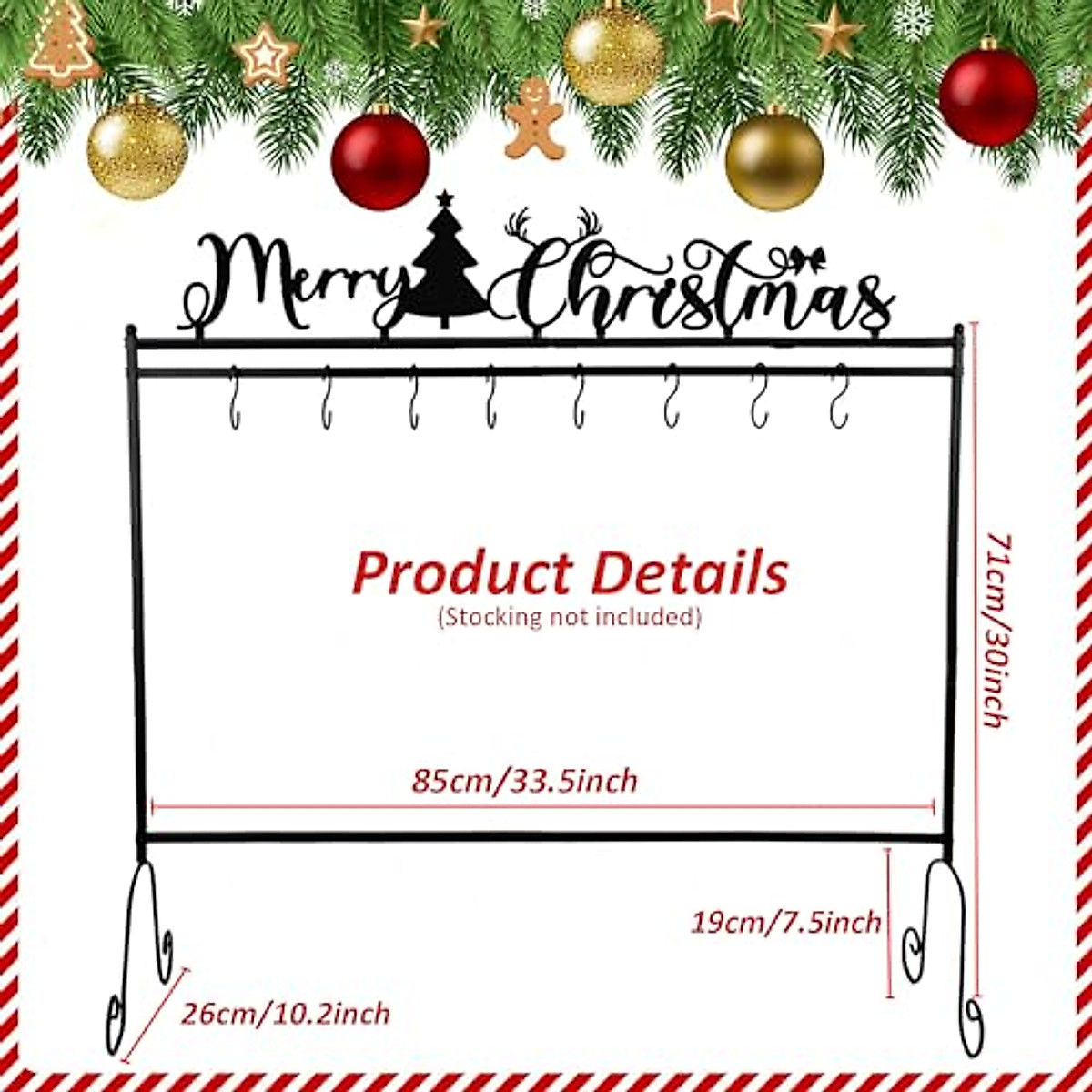 Profully 6 Hooks Christmas Stocking Holder Stand, Black Metal Christmas Stocking Hanger Stand for Floor with Detachable Christmas Decorations