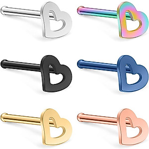 Ruifan 20G 18G Surgical Steel Heart Nose Stud Rings Bone Pin Piercing Jewelry 3-6PCS