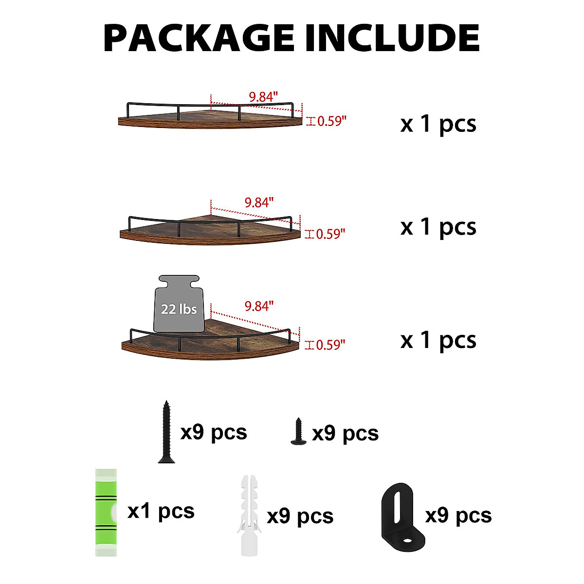 HORLIMER Floating Corner Shelf Wall Mount, Set of 3 Rustic Wood Corner Wall Shelves with Fence for Bedroom, Living Room, Bathroom, Kitchen, Brown