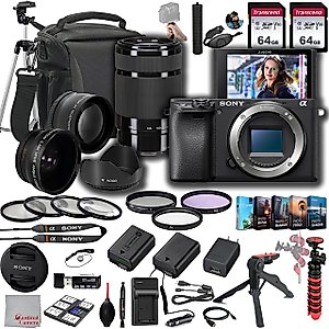 Sony a6400 Mirrorless Camera 55-210mm Lens, 128GB Memory,.43 Wide Angle & 2X Lenses, Case. Tripod, Filters, Hood, Grip,Spare Battery & Charger, Video & Photo Editing Software Kit -Deluxe Bundle