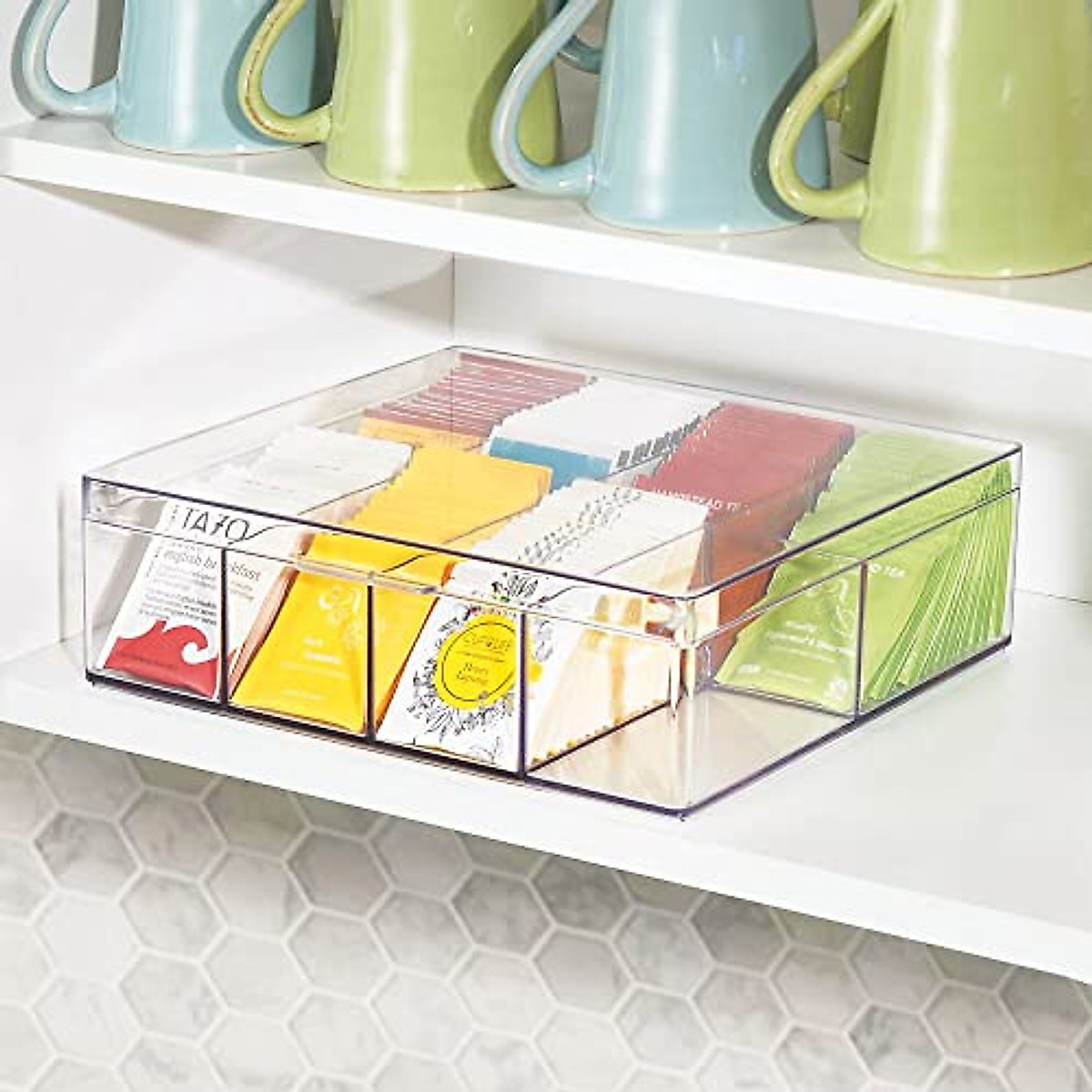 mDesign Tea Storage Organizer Box - 8 Divided Sections, Easy-View Hinged Lid - Use in Kitchen, Pantry, and Cabinets; Holder for Tea Bags, Packets, Small Items and Accessories, BPA free - Clear