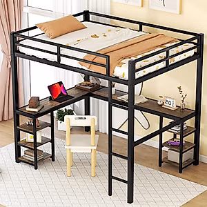 Bellemave Full Size Loft Bed with L Shaped Desk,Metal Frame Loft Bed Full with Storage Shelves,Heavy Duty Metal Loft Bed for Kids,Teens, Noise Free,Black