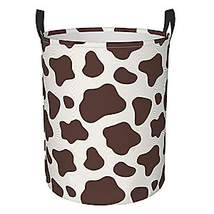 KiuLoam Brown and White Cow Print Laundry Baskets, Bedroom Hamper Collapsible Waterproof Oxford Fabric with Handle Foldable Cloth Washing Bin Tote Bag (16.5 Inches)