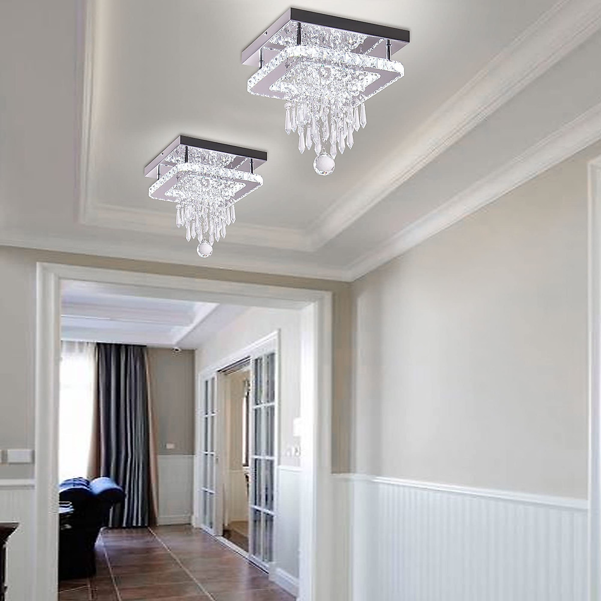 CXGLEAMING Square Crystal Chandelier Modern Crystal Ceiling Light Square LED Chandelier Flush Mount Ceiling Chandeliers for Dining Room Bedroom Hallway Closet (Cool White)