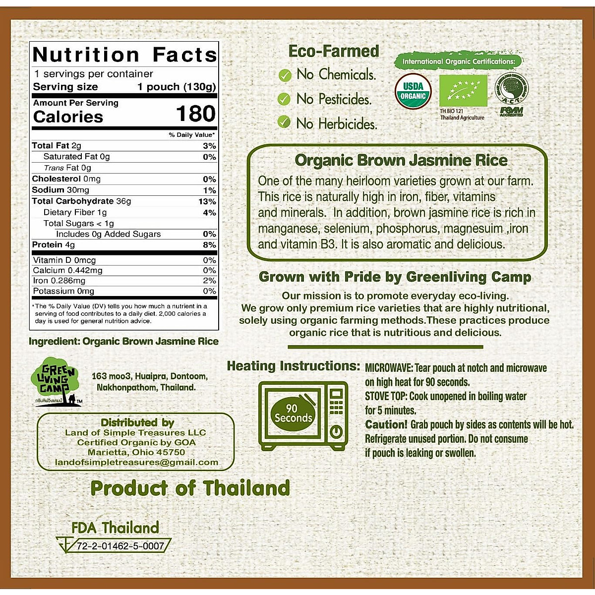 Organic Thai Jasmine Microwavable Cooked Brown Rice - Gluten-free - Vegan Healthy Ready to Eat 6 x 4.6 OZ Pouch (Brown Rice 6 Pouches)