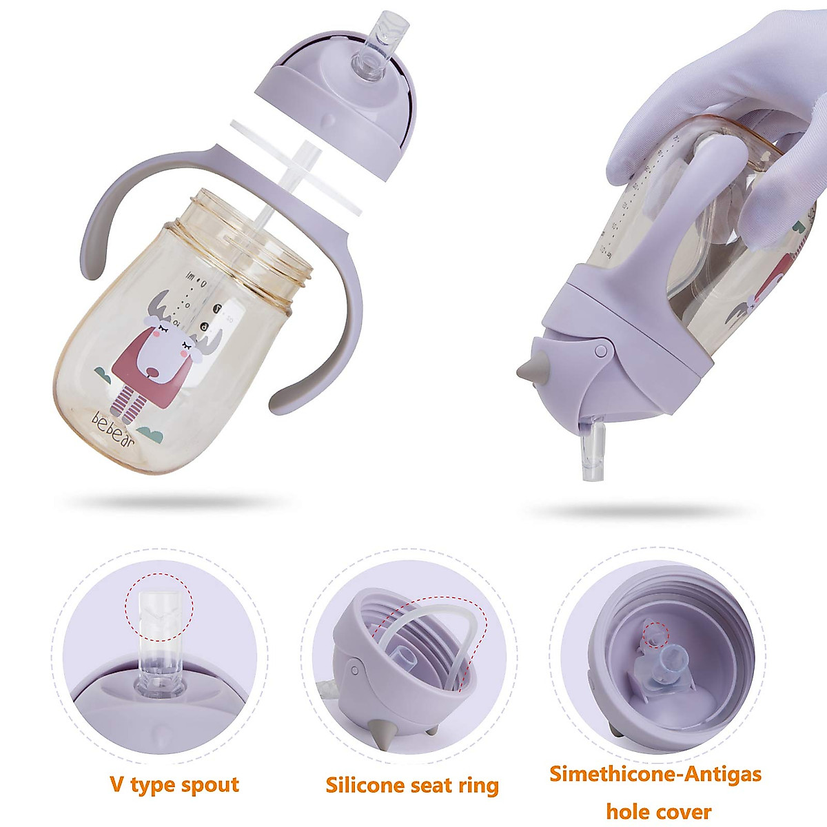 Bebamour Click Lock Weighted Baby Sippy Cups with Removable Handles No Spill Toddler Sippy Cups Transition Cups with Bottle Brush,Straw Cleaner Set(210 ML, PPSU,Purple)