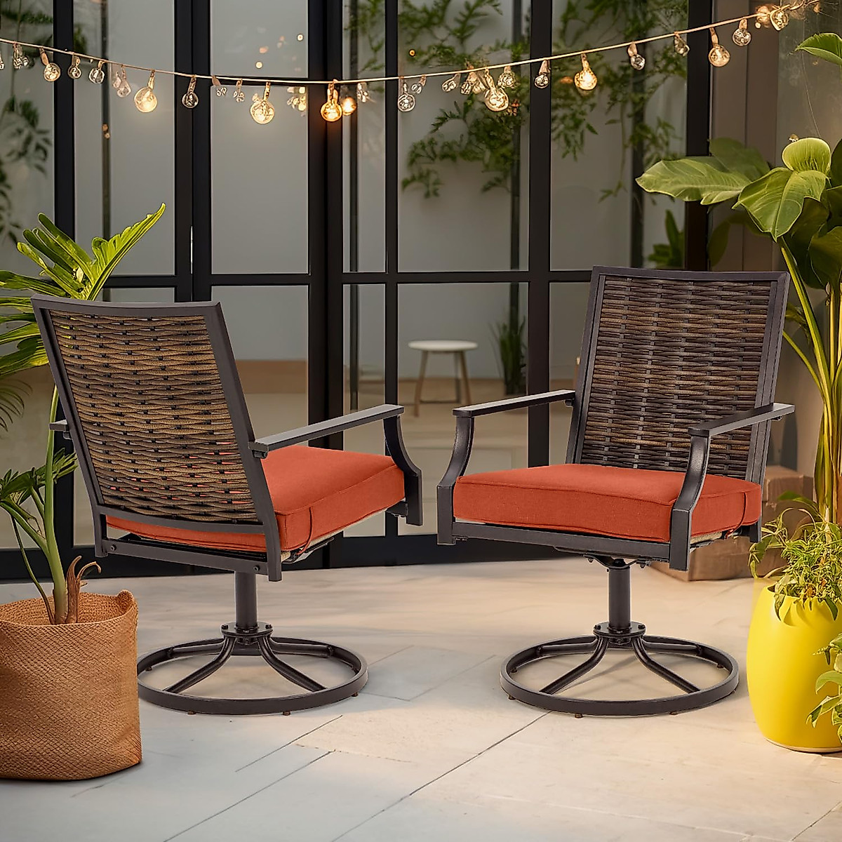 EROMMY Patio Swivel Chairs Set of 4, Heavy Duty Outdoor Swivel Chairs with Removable Cushions, Patio Rattan Wicker Decoration Chairs for Garden Lawn & Porch, Backyard, Balcony, Orange Red