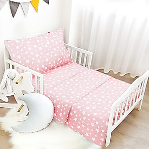 Toddler Bed Sheets for Girls, 3 Piece Toddler Sheet Set, Soft Breathable Toddler Bedding Sets Includes a Flat Sheet, a Fitted Sheet , a Pillowcase, Baby Bedding Sheet & Pillowcase Set, Pink Star