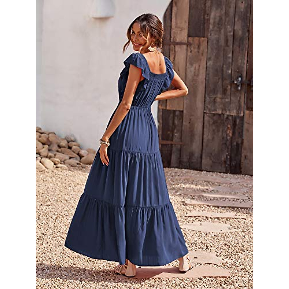 PRETTYGARDEN Women's Summer Bohemian Sleeveless Maxi Dress Square Neck Ruffle Flowy Long Sun Dress Wedding Guest Dress 2023 (Solid Navy, Large)