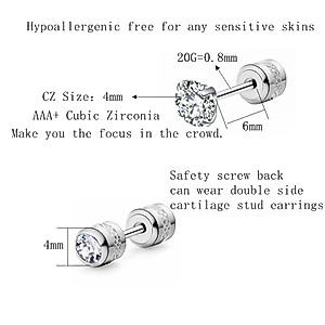 Hypoallergenic double sided diamond Stud Earrings For Womens Girl Secure Safety Screw back Cartilage CZ Stud Earrings (4mm Steel (2 Pairs))