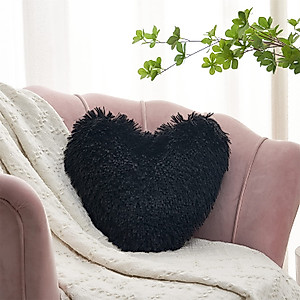 MOOWOO Black Fluffy Heart Pillow, Faux Fur Throw Pillow,Sherpa Plush Fluffy, Cute Soft Throw Cushion, Valentines Day,Thanks Giving Days,Christmas Day Decorative for Home Bed Couch (Black)