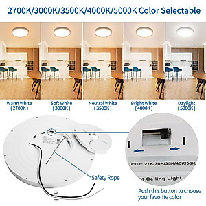 DAKASON LED Flush Mount Ceiling Light 12 Inch, 24W Dimmable Round Ceiling Lamp 2700-5000K 5 Color Tem. Selectable, Overhead Ceiling Light for Bedroom, Living Room, Kitchen, Hallway