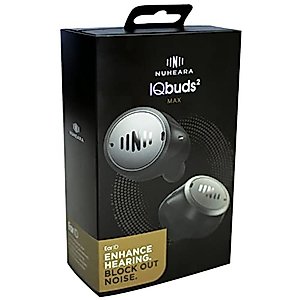 Nuheara IQbuds 2 MAX Hearing Amplifier with Personalization via IQbuds™ App, 7 Preset Programs, Bluetooth, Rechargeable, Active Noise Cancellation, 1 Pair of Earbuds