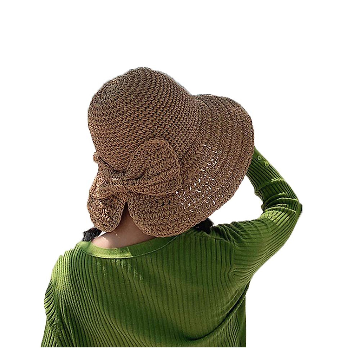 Womens Summer Sun Beach Straw Hat UPF50 Travel Foldable Wide Brim Summer UV Hat with Big Bow (Coffee)