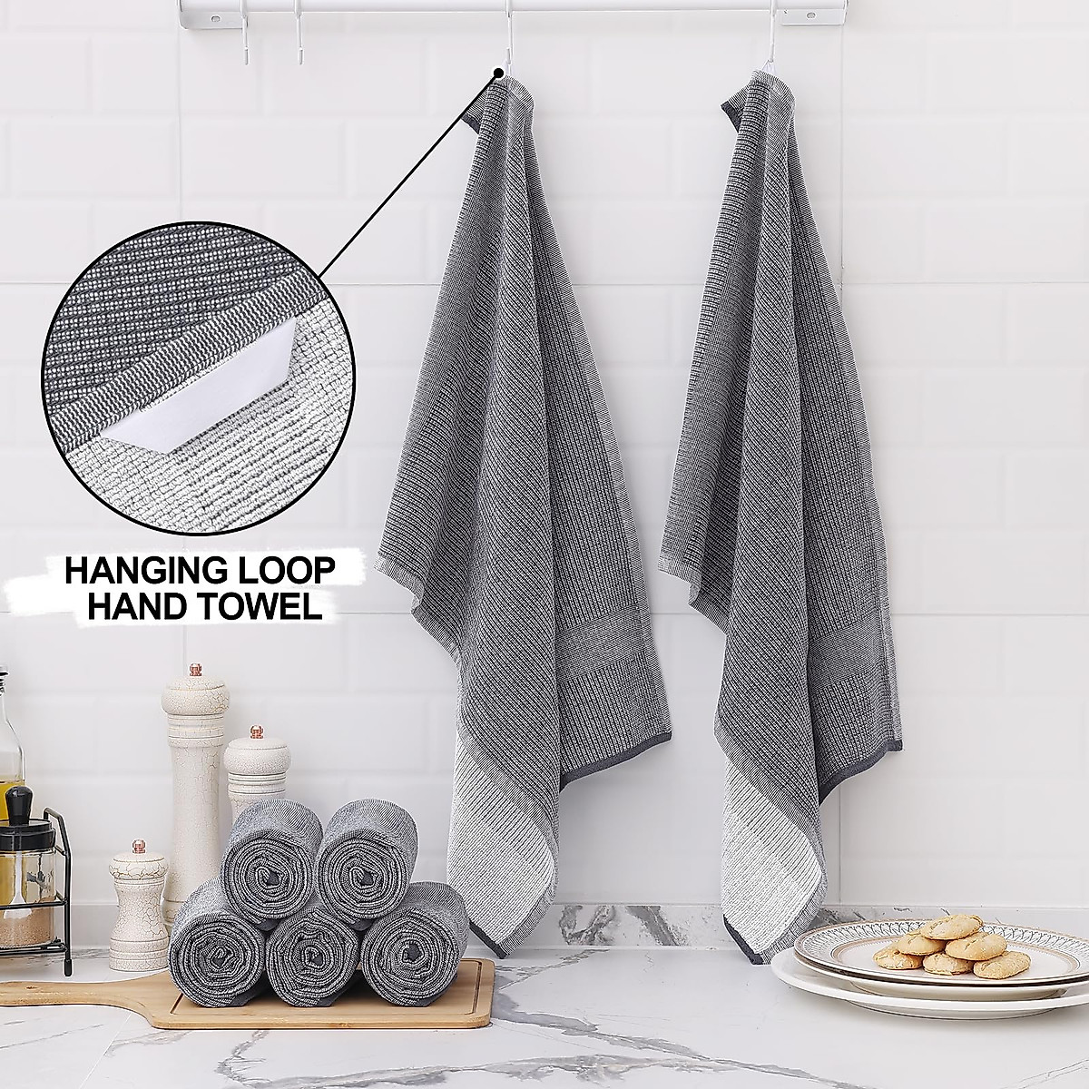 Homaxy Premium Kitchen Towels(18”x 28”, 6 Pack), Large Cotton Kitchen Hand Towels, Flat and Terry Dish Towels, 380 GSM Highly Absorbent Tea Towels Set with Hanging Loop, Grey