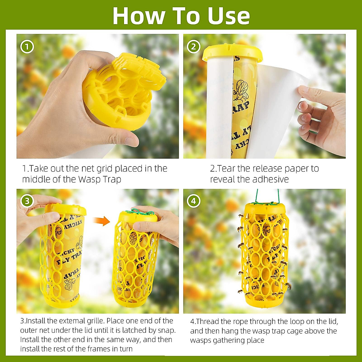 Sticky Fly Traps Outdoor Hanging,Fruit Fly Traps for Indoors,Wasp Trap Bee Traps Catcher,Yellow Jacket Trap,Flying Insect Trap,2 Pack Wasp Deterrent Killer Fly Insect Catcher with 4 Sticky Boards