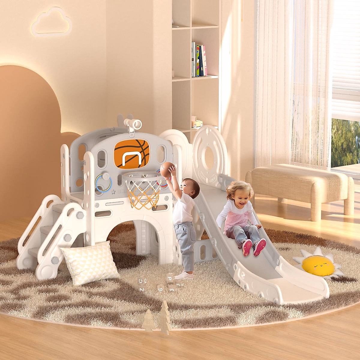 XJD 8 in 1 Toddler Slide Set, Kids Slide for Toddlers Age 1+, Toddler Climber Slide PlaySet with Basketball Hoop and Ball,Outdoor Indoor Playground for Toddlers 1-3 (Beige Grey, 8 in 1)