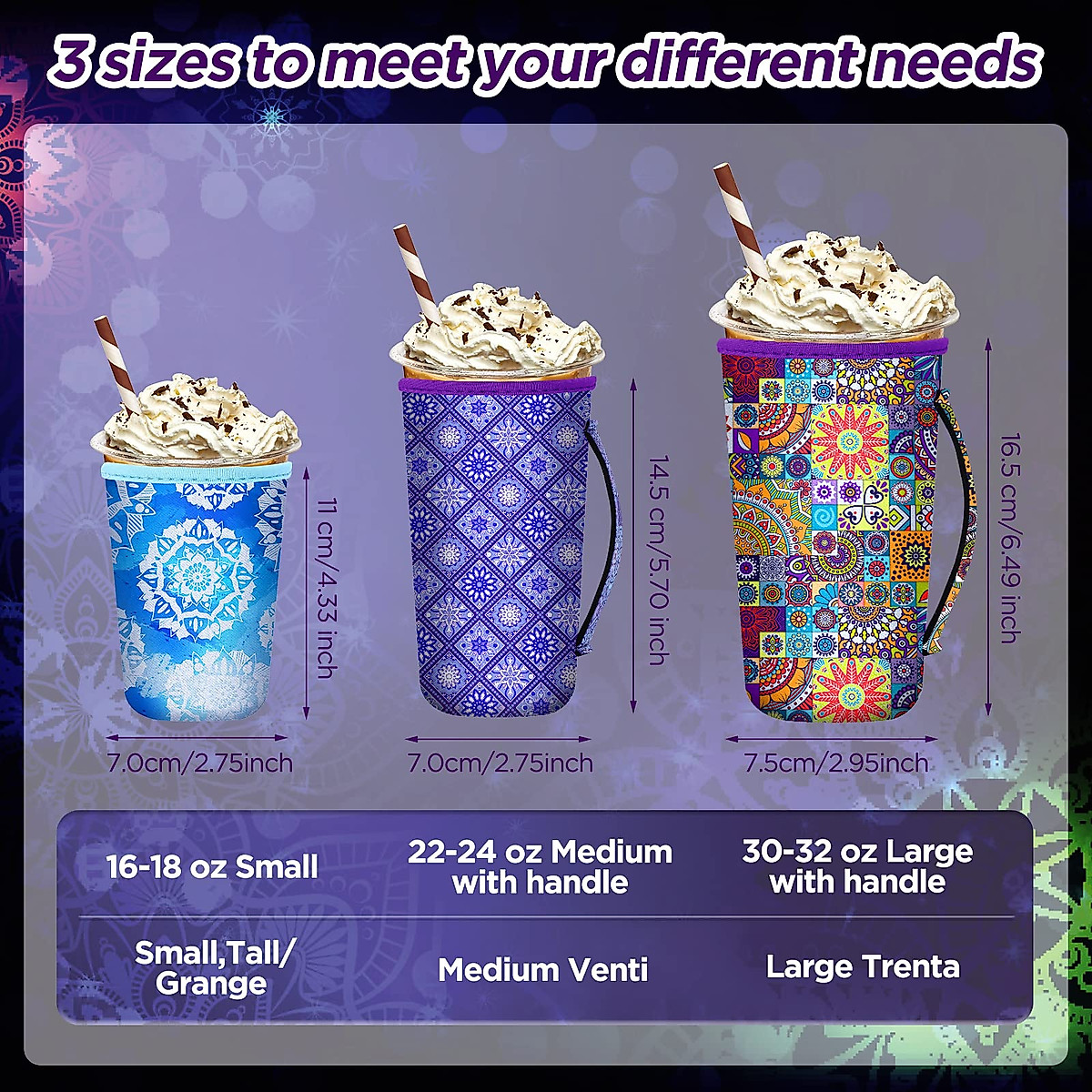 6 PCS Reusable Iced Coffee Cup Sleeves Mandala Flower Style Cup Cover Coffee Cup Neoprene Insulator Sleeves Suitable for Hot Cold Coffee or Ice Drink for 16-32oz Coffee Beverage Milk Cold Hot Drinks