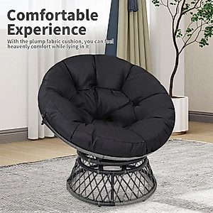 KROFEM 37" Wicker Papasan Circle Chair 360° Swivel, Indoor Outdoor Furniture, Ideal for Teenagers, Frame with Black Thick Cushion