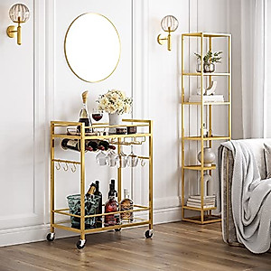 TUTOTAK Bar Cart, Serving Cart for Home, Microwave Cart, Drink Cart, Mobile Kitchen Shelf with Wine Rack and Glass Holder, Rolling Beverage Cart, Gold BC01BB031