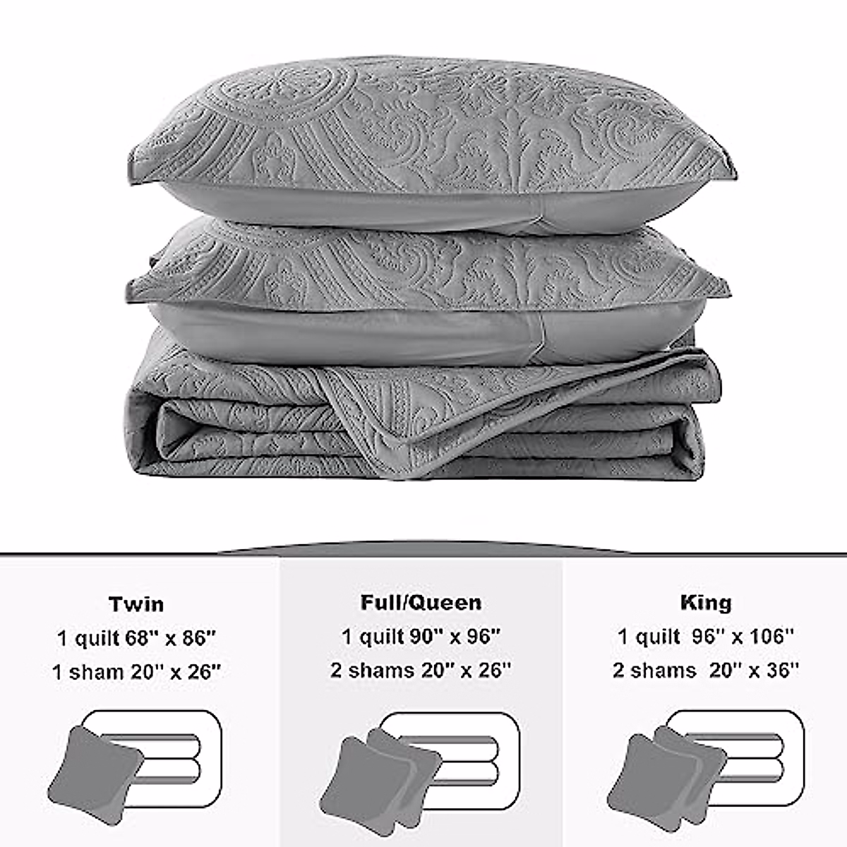 GRT Grey Quilt Sets King Size with Pillow Shams - Lightweight Reversible Quilt Bedding Set, Ultra-Soft Microfiber Modern Bedspread Coverlet Set for All Season (1 Quilt, 2 Pillow Shams)