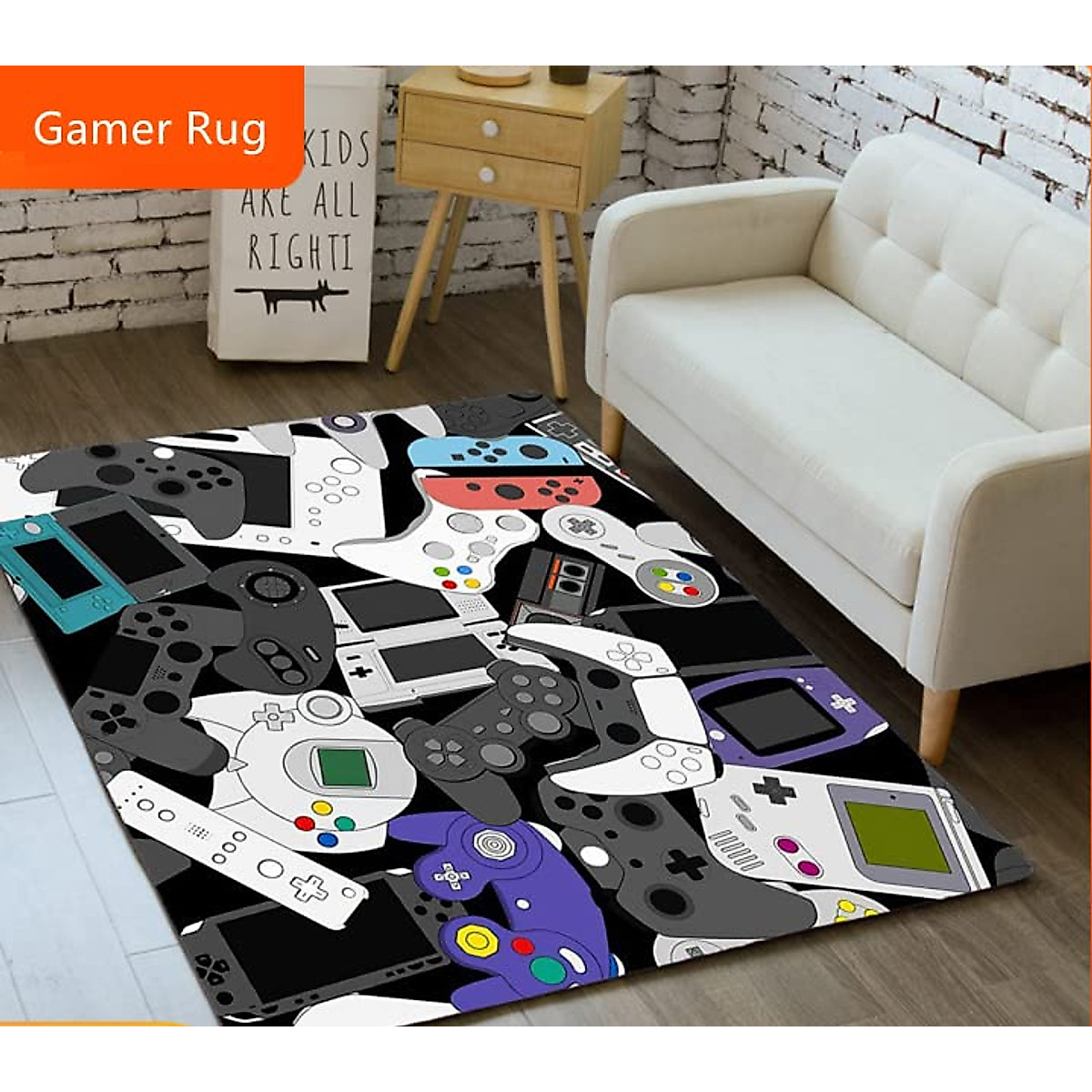 Home Area Gamer Rugs with Game Controller Design,Non Slip Floor Mats for Kids,Velvet Carpet for Decor Living Bed Playrooms Black 120X160CM (120x160cm)
