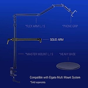 Elgato Solid Arm, Holding Arm with Padded Clamp for easy Mounting and Adjusting of Lights, Cameras, and Microphones, for Streaming, Videoconferencing, and Studios